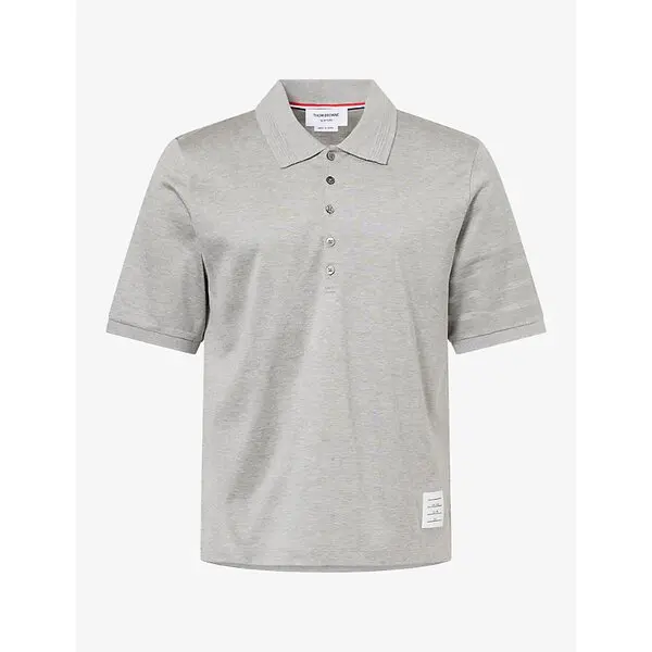 Thom Browne Striped-sleeve Brand-patch Cotton Polo Shirt - Lt Grey