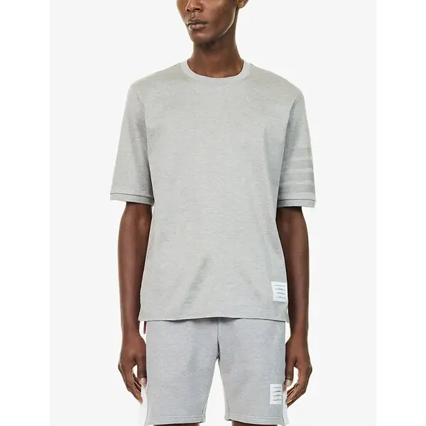 Thom Browne Striped-sleeve Brand-patch Cotton Polo Shirt - Lt Grey
