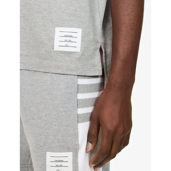 Thom Browne Striped-sleeve Brand-patch Cotton Polo Shirt - Lt Grey