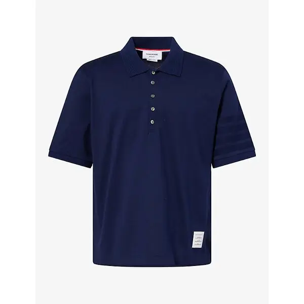 Thom Browne Striped-sleeve Brand-patch Cotton Polo Shirt - Navy