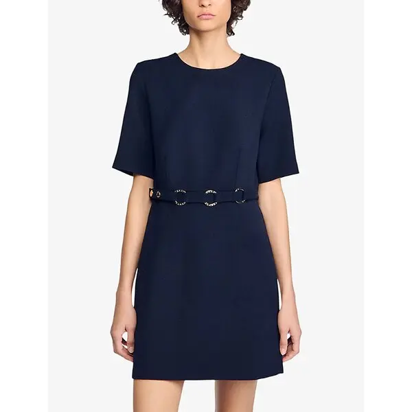 Sandro Short-sleeve Ring-belt Woven Mini Dress