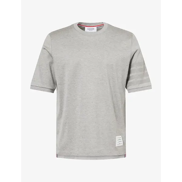 Thom Browne Striped-sleeve Brand-patch Cotton T-shirt - Lt Grey
