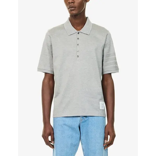 Thom Browne Striped-sleeve Brand-patch Cotton T-shirt - Lt Grey