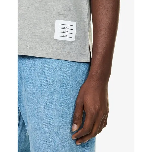 Thom Browne Striped-sleeve Brand-patch Cotton T-shirt - Lt Grey
