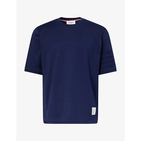 Thom Browne Striped-sleeve Brand-patch Cotton T-shirt - Navy