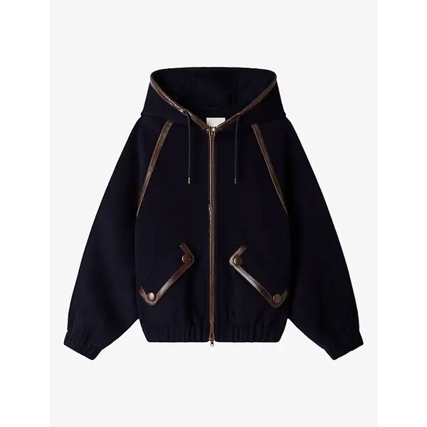 Sandro Hooded Leather-trim Double-faced Wool Coat