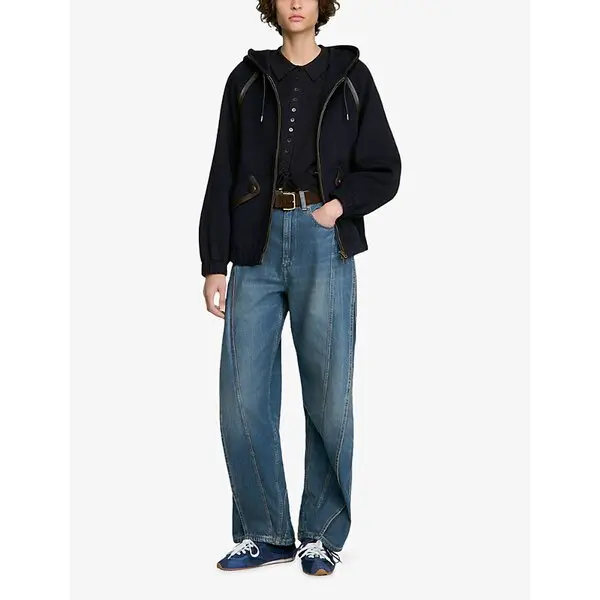 Sandro Hooded Leather-trim Double-faced Wool Coat