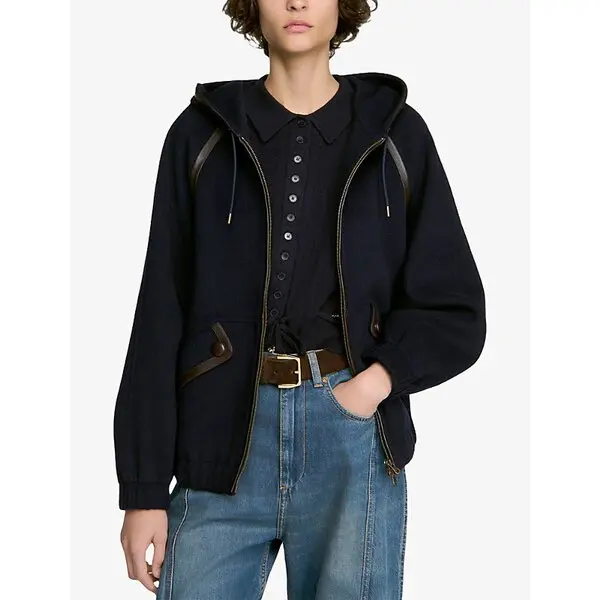 Sandro Hooded Leather-trim Double-faced Wool Coat