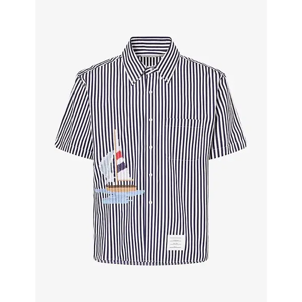 Thom Browne Sailboat-embroidered Striped Cotton Shirt - Navy