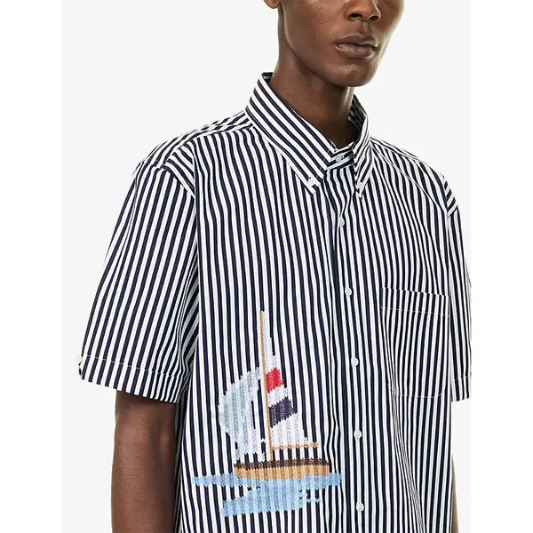 Thom Browne Sailboat-embroidered Striped Cotton Shirt