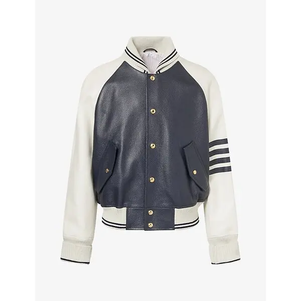 Thom Browne Oversized Contrast-sleeve Leather Jacket - Navy