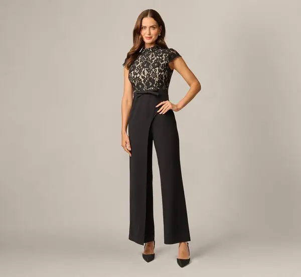 Adrianna Papell Cap Sleeve Bow Waist Lace Combo Jumpsuit In Black Nude - Black/nude