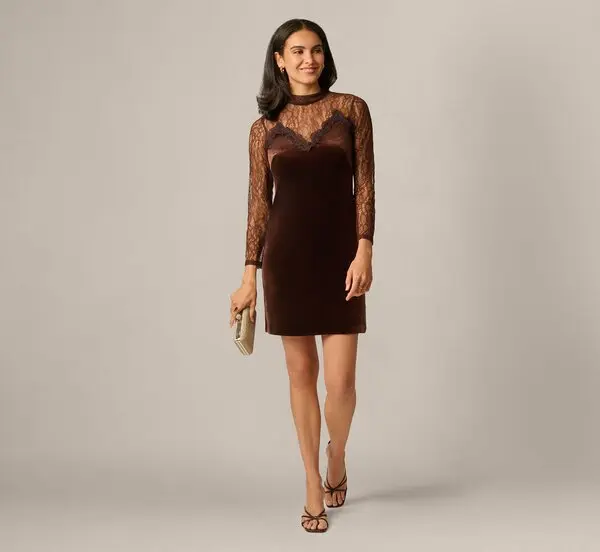 Adrianna Papell Long Sleeve Velvet Lace Sweetheart Illusion Cocktail Dress - Dark Brown