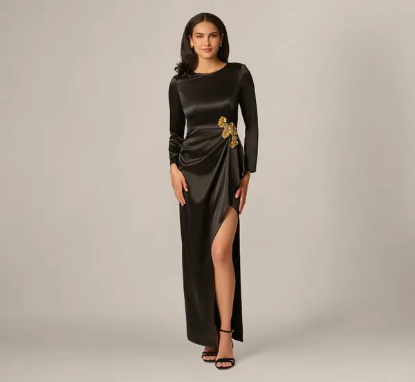 Adrianna Papell Long Sleeve Stretch Satin Beaded Drape Gown