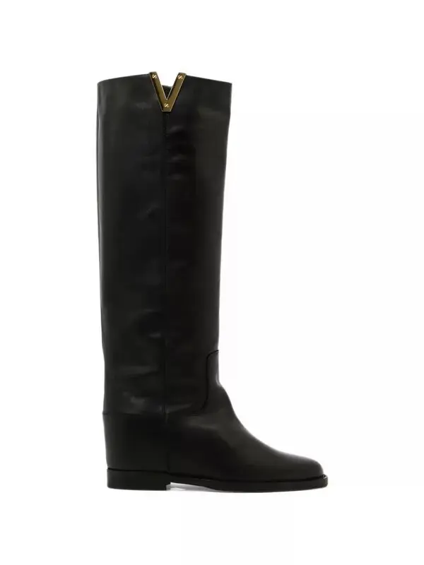 VIA ROMA 15 V-logo Knee-high Leather Boots - Black