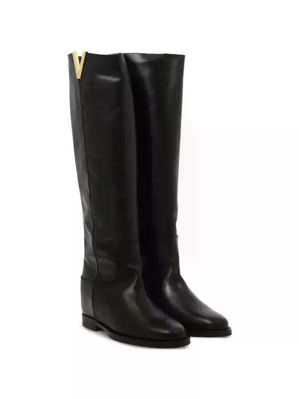 VIA ROMA 15 V-logo Knee-high Leather Boots - Black