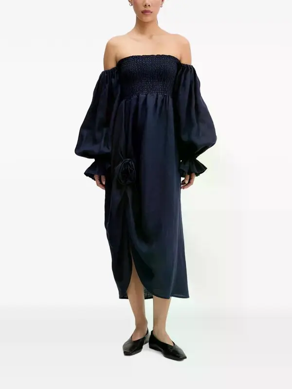 Sleeper Off-shoulder Smocked Midi Dress - Blue