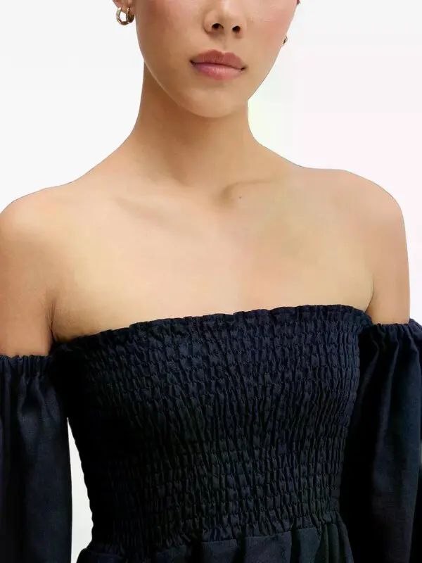 Sleeper Off-shoulder Smocked Midi Dress
