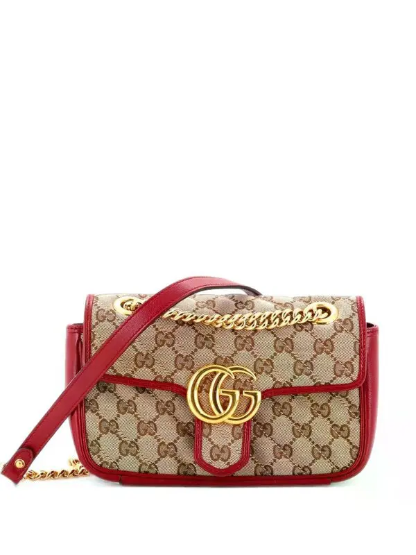Gucci Gg Marmont Flap Bag Diagonal Quilted Gg Canvas With Leather Mini Crossbody Bag - Brown