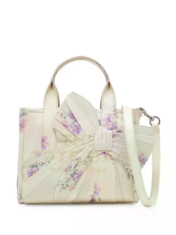 Marc Jacobs Small Tote In Antique Floral Canvas With Oversized Bow - Neutrals