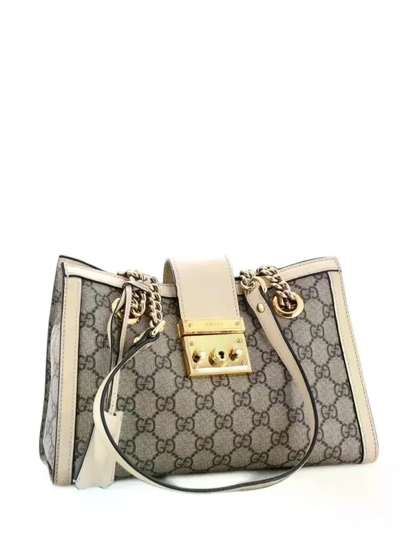Gucci Padlock Chain Tote Gg Coated Canvas With Leather Small Shoulder Bag - Neutrals