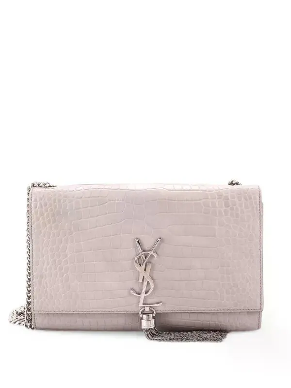 Saint Laurent Classic Monogram Tassel Crocodile Embossed Leather Medium Crossbody Bag - Grey