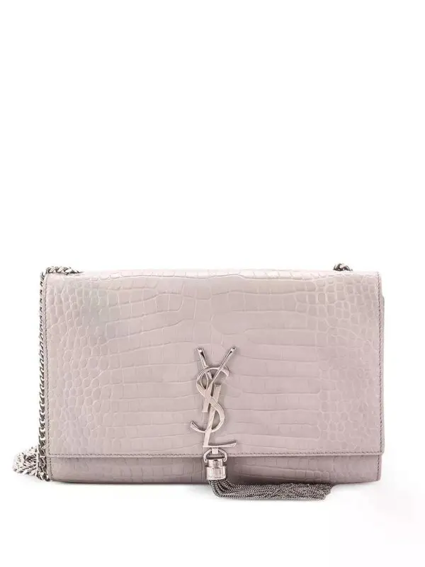 Saint Laurent Monogram Tassel Croc Effect Embossed Leather Medium Cross Body Bag - Grey