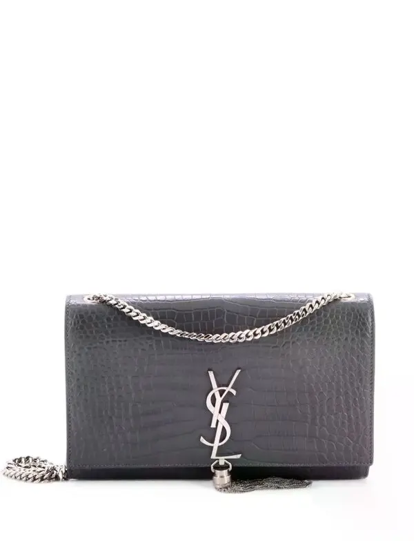 Saint Laurent Classic Monogram Tassel Crocodile Embossed Leather Medium Crossbody Bag - Grey