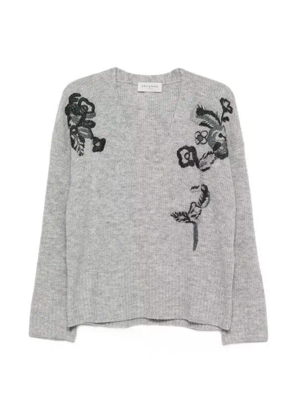ERMANNO FIRENZE Floral-embroidered V-neck Sweater - Grey