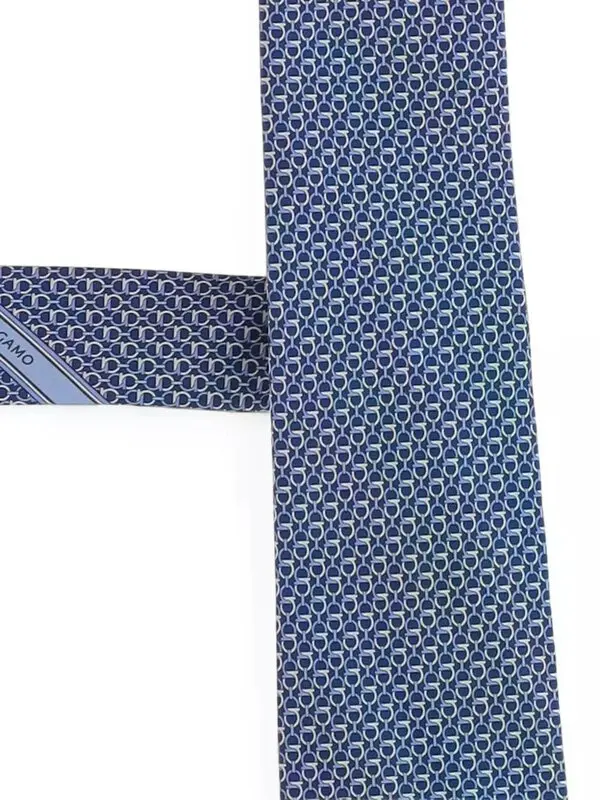FERRAGAMO Gancini Links Print Silk Tie - Blue
