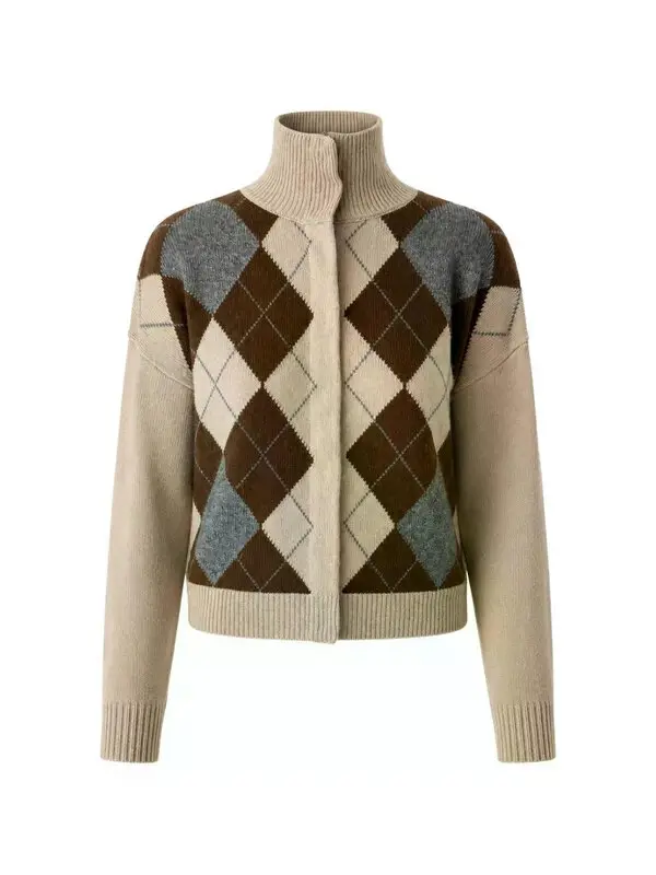 Max Mara Argyle-knit Turtleneck Cardigan - Neutrals