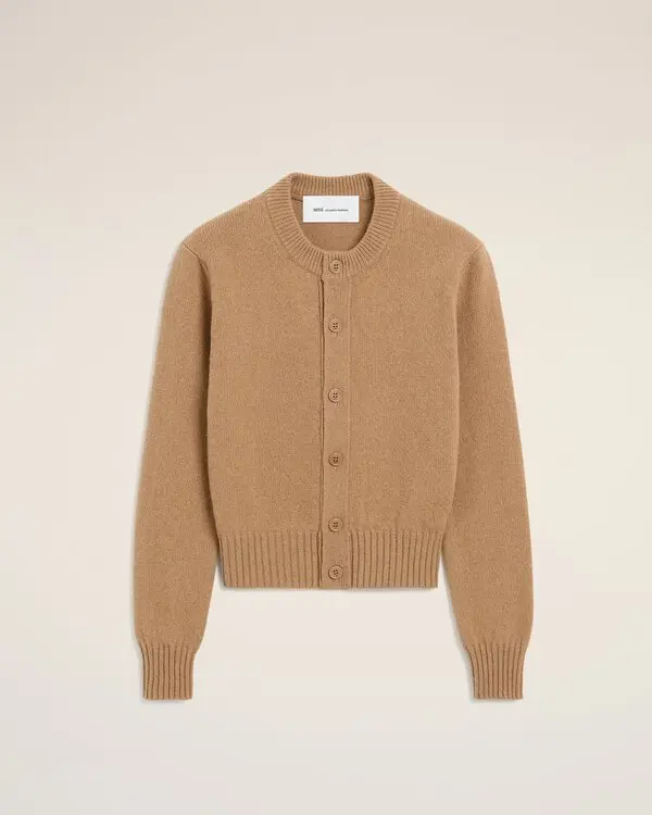 AMI Paris Beige Crewneck Cashmere Cardigan With De Coeur Brown - Camel