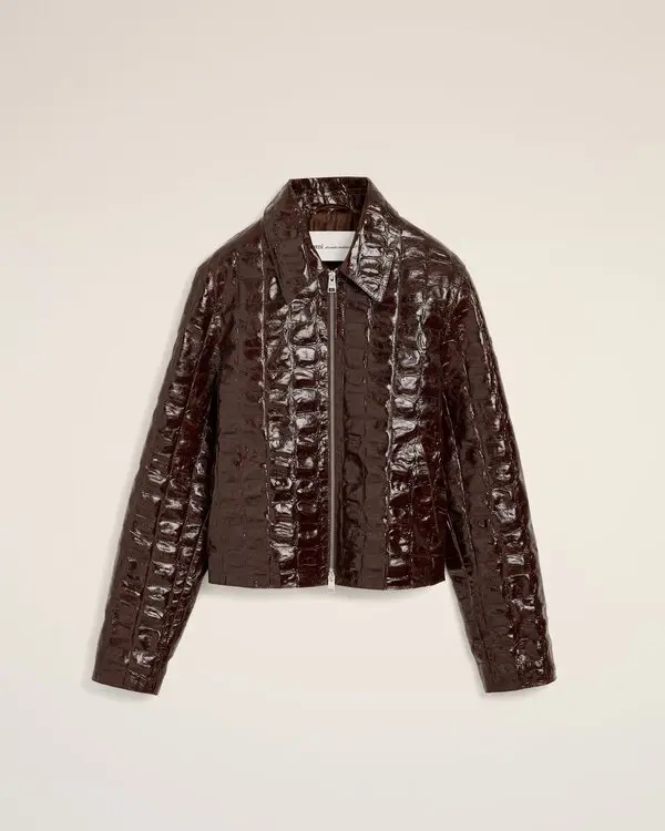 AMI Paris Burgundy Crocodile Embossed Cowhide Leather Zipped Jacket Red