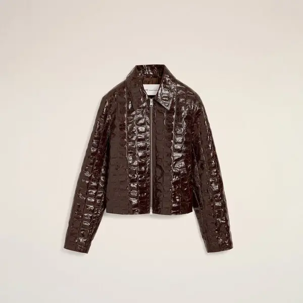 AMI Paris Burgundy Crocodile Embossed Cowhide Leather Zipped Jacket Red