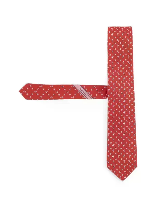 FERRAGAMO Flamingo-print Silk Neck Tie - Red