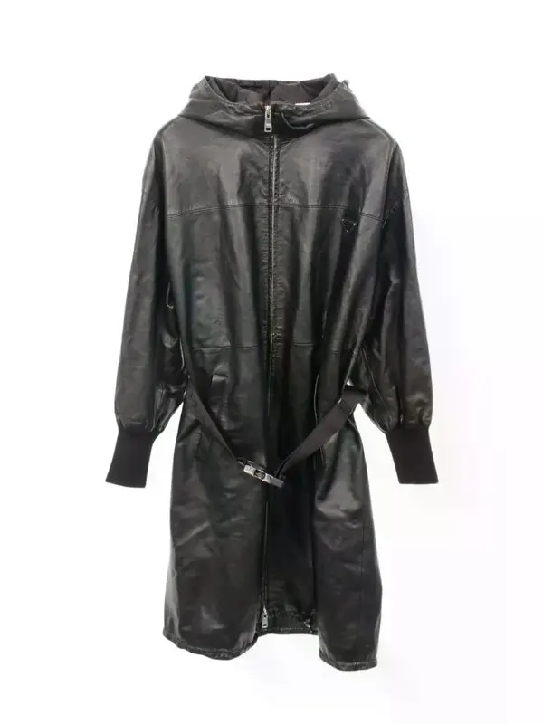 Prada 2010s Hooded Belted Leather Coat - Black