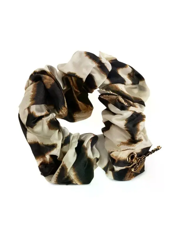 GANNI Leopard-print Logo-charm Scrunchie - Neutrals