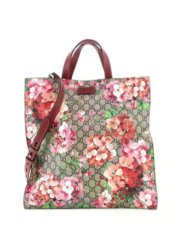 Gucci Convertible Soft Open Blooms Print Gg Coated Canvas Tall Tote Bag - Brown