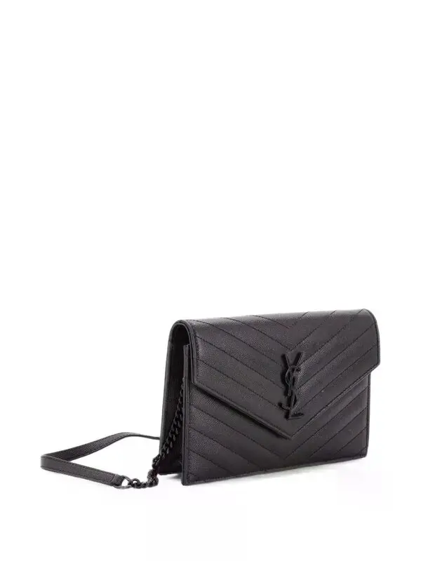 Saint Laurent Classic Monogram Wallet On Chain Matelasse Chevron Leather Small Crossbody Bag - Black