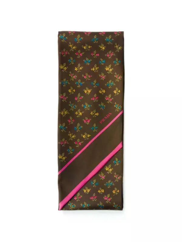 Prada Printed Silk Twill Skinny Scarf - Brown