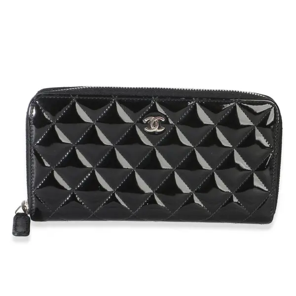 Chanel Quilted Patent Zip Around Wallet - Black