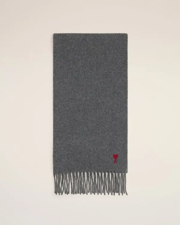 AMI Paris Grey Wool Scarf With De Coeur Grey