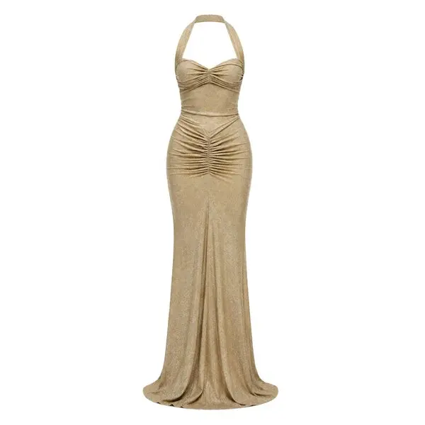 Delfi Metallic Jersey Halter Gown