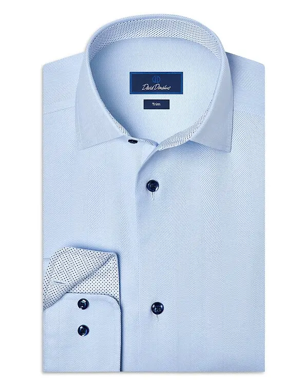 David Donahue Trim Fit Herringbone Cotton Dress Shirt - Sky