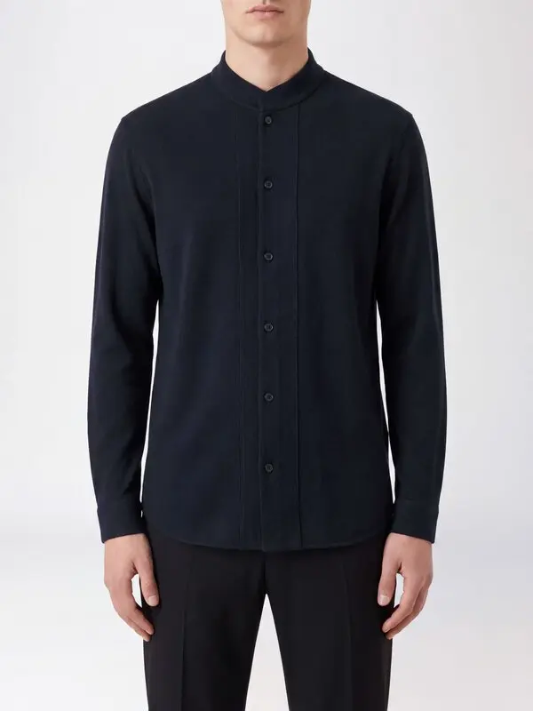 Giorgio Armani Long-sleeved Virgin Wool Shirt With A Mandarin Collar - Blue