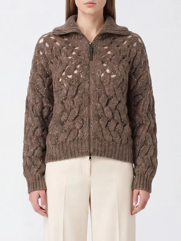 Brunello Cucinelli Open-knit Mohair Wool Zip Cardigan With Sailor Collar - Brown