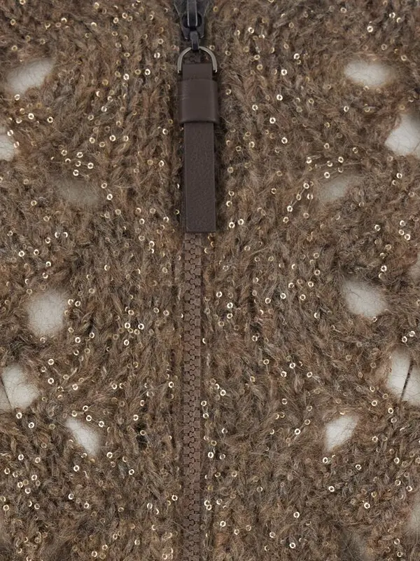 Brunello Cucinelli Open-knit Mohair Wool Zip Cardigan With Sailor Collar