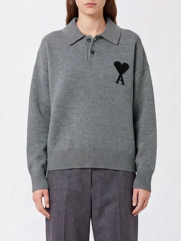 AMI Paris Long-sleeved Knit Cotton Polo With De Coeur Monogram Logo - Grey