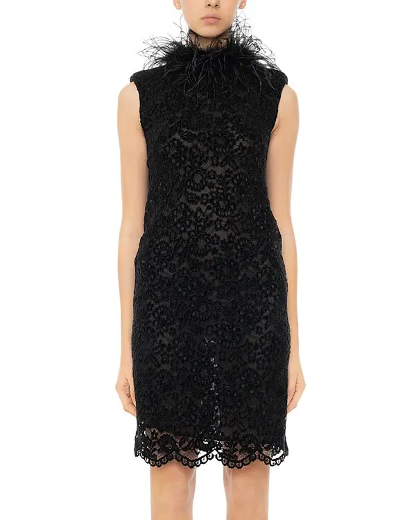 DES_PHEMMES Feather Trim Lace Cocktail Dress