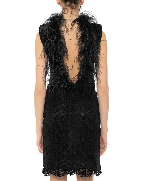 DES_PHEMMES Feather Trim Lace Cocktail Dress